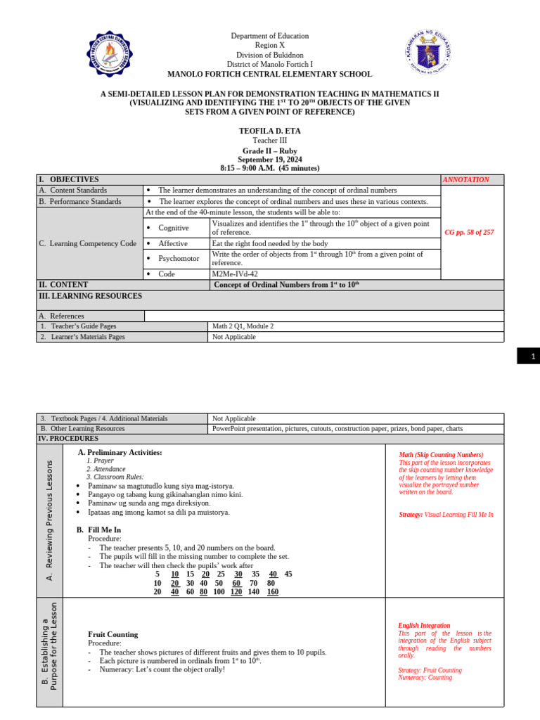 Math 2 Q1 Lesson Plan | PDF | Learning | Teachers