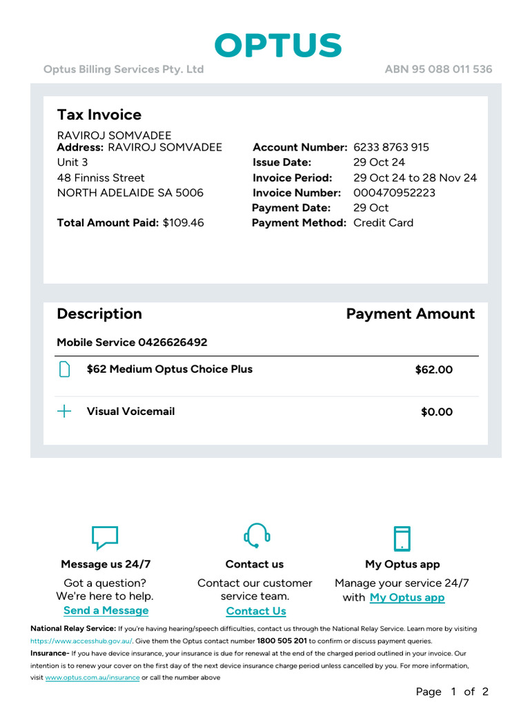 Optus_4_Oct_2024 | PDF | Invoice | Payments