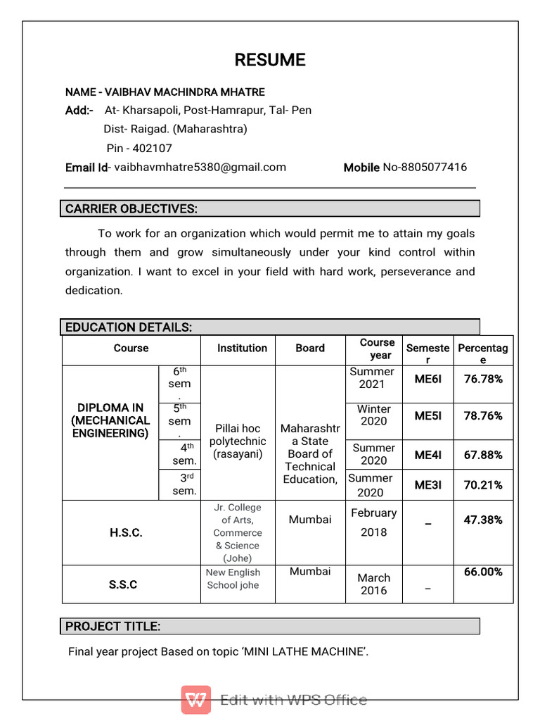 Mhatre Vaibhav 1 resume | PDF | Learning | Cognition