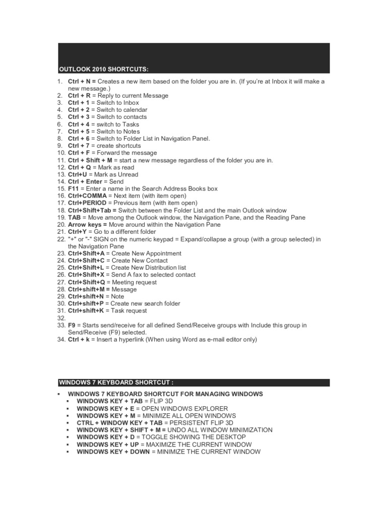 Outlook Shortcuts | PDF | Computing Platforms | Computer Architecture