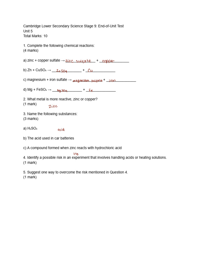 Cambridge Science Stage 9 Unit 5 Test | PDF