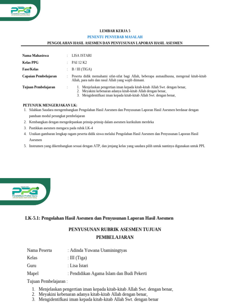 LK 5 - Pengolahan Hasil Asesmen dan Penyusunan Laporan Hasil Asesmen [K2] | PDF