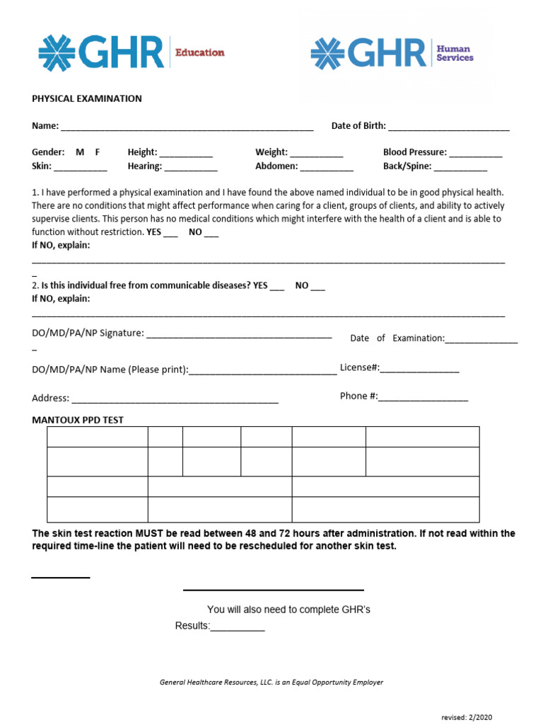 Physicalppd Form - Updated | PDF | Physical Examination | Diseases And ...
