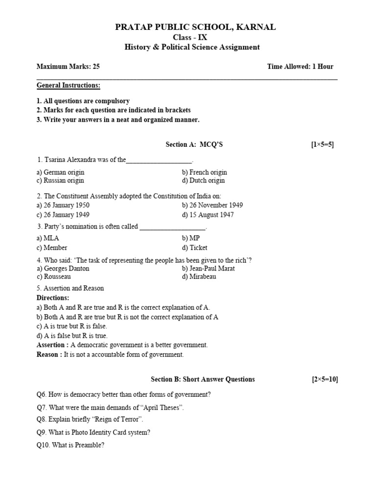 History & Pol. Sc. Assignment CL 9 | PDF