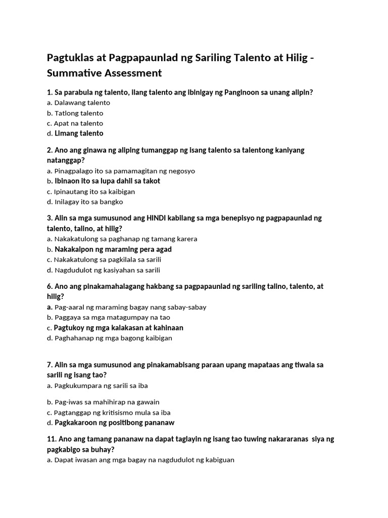 Quiz Pagtuklas at Pagpapaunlad NG Sariling Talento at Hilig Kaagapay ...