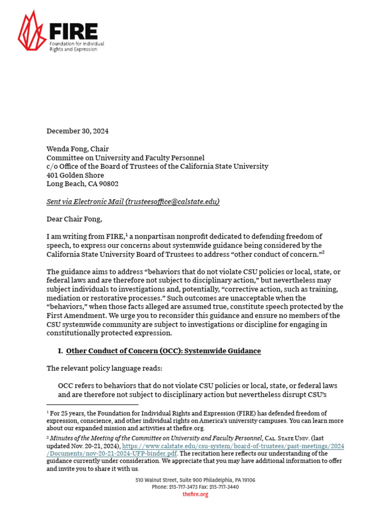 FIRE Letter To California State University Board of Trustees, December ...