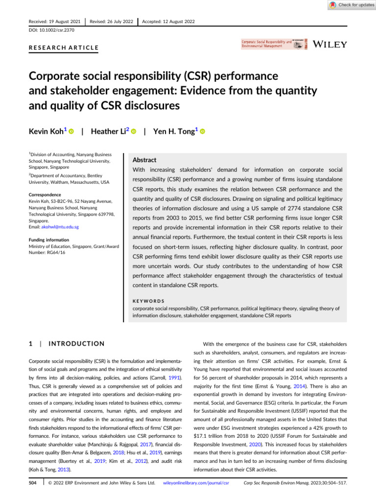 Corporate Social Responsibility (CSR) Performanceand Stakeholder ...