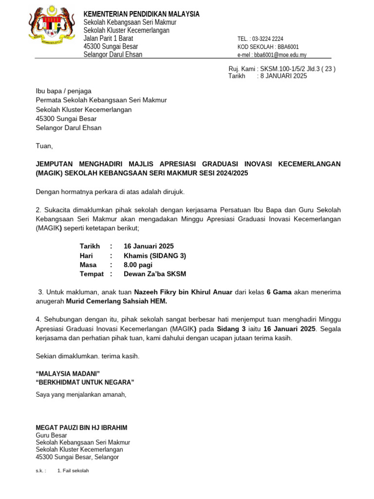 Surat Jemputan Magik Tokoh Ibubapa 2024 2025 | PDF