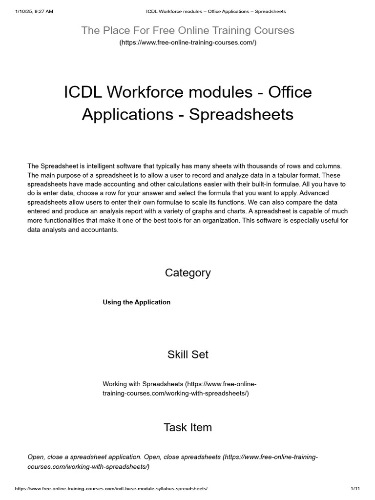 ICDL Workforce Modules - Office Applications - Spreadsheets | PDF | Spreadsheet | Computer ...