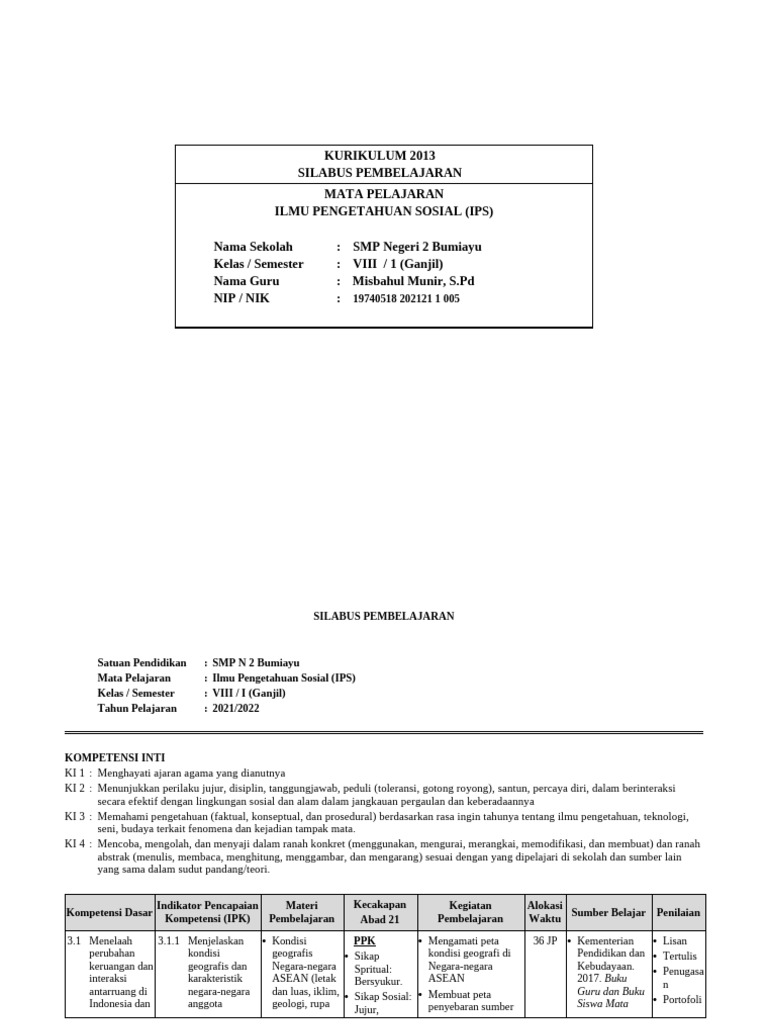 Silabus IPS Kelas VIII SMP 2021/2022 | PDF