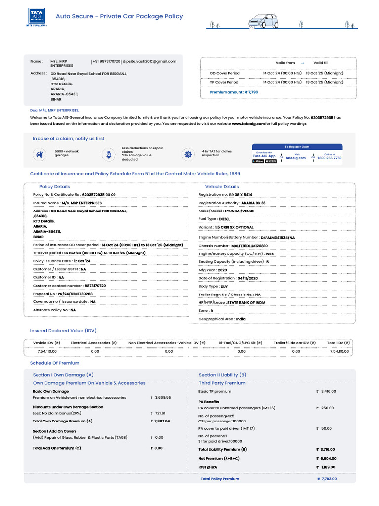 MRP Enterprises Motor Insurance Policy | PDF | Insurance | Deductible
