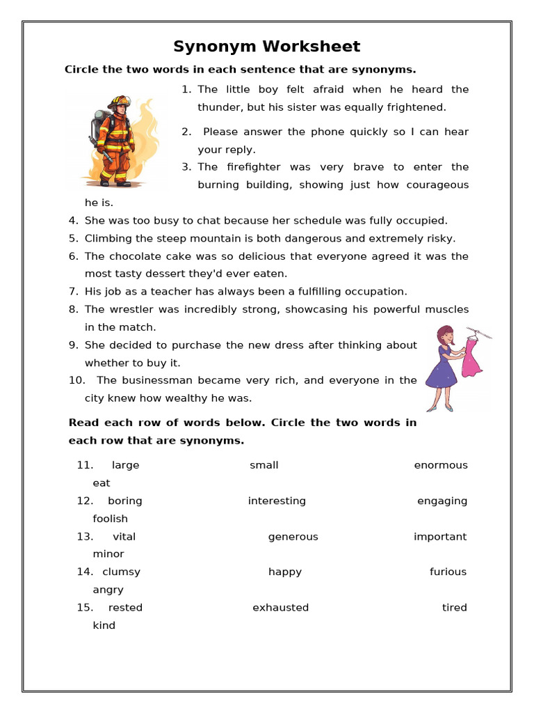 Synonym Worksheet for Grades 1-2 | PDF