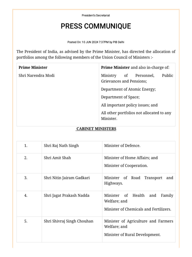 Cabinet Ministers List 2024 | PDF | Government Of India