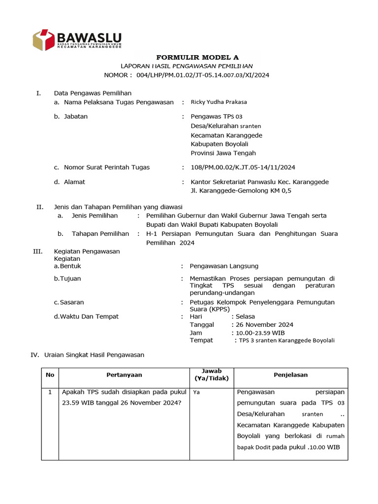 2. Form a Pengawasan Pilkada 2024 - (H-1 Persiapan Pemungutan Dan Penghitungan Suara 26 Nov) (4 ...