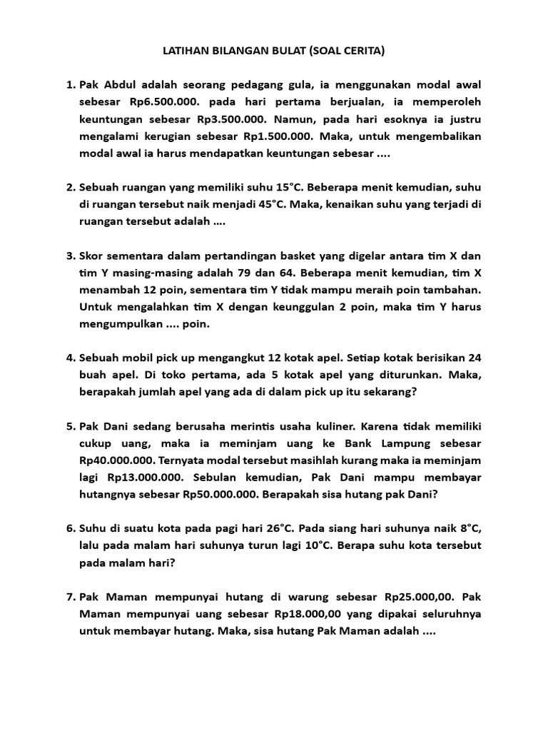 Soal Cerita Bilangan Bulat untuk Latihan | PDF