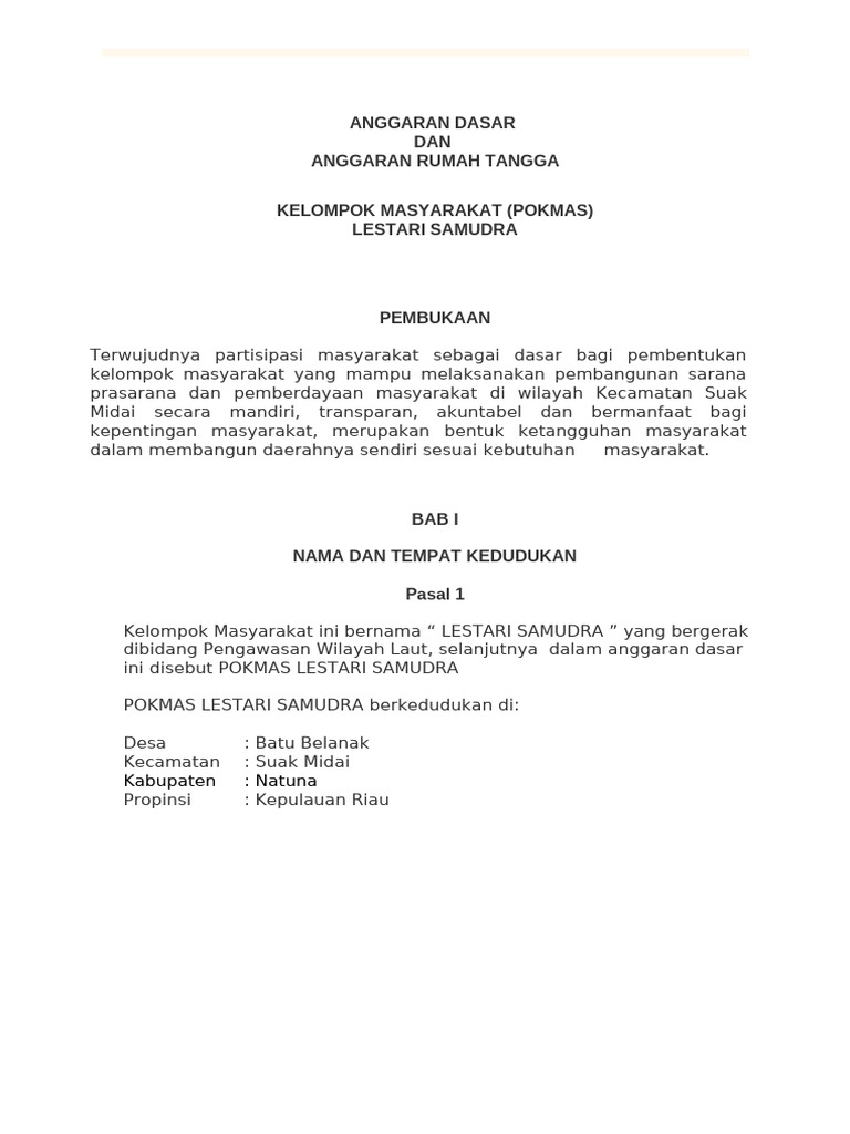 Anggaran Dasar POKMAS Lestari Samudra | PDF