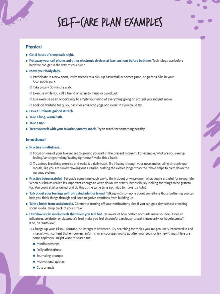 Mental Health Wellbeing Self Care Plan Example | PDF | Social Media ...