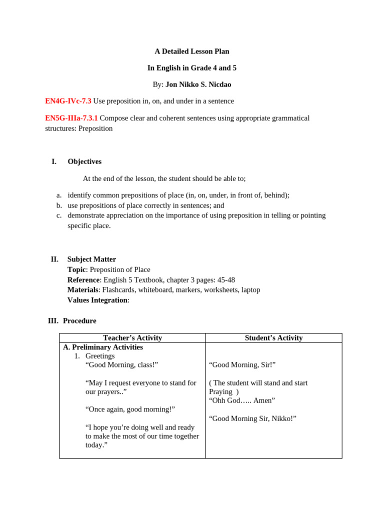 A Detailed Lesson Plan English 5 | PDF