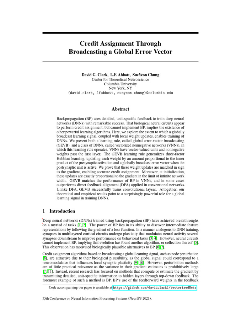 NeurIPS 2021 Credit Assignment Through Broadcasting A Global Error ...