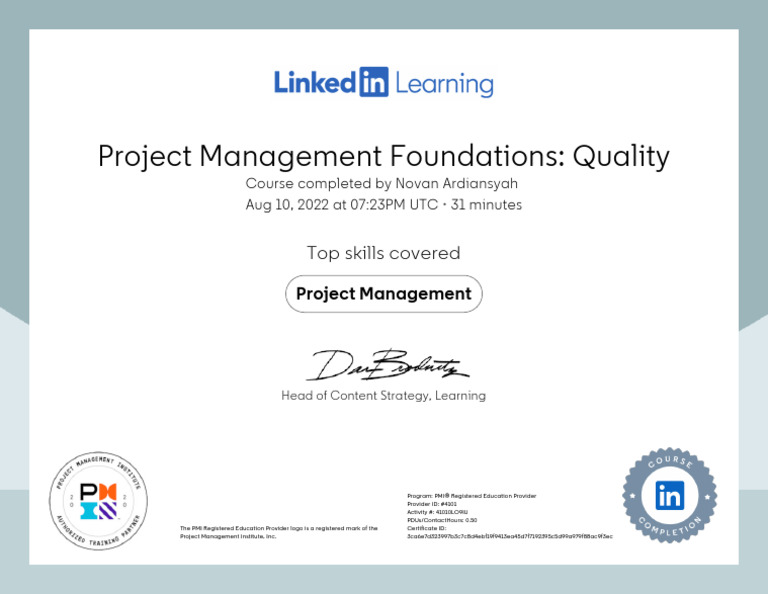CertificateOfCompletion - Project Management Foundations Quality | PDF