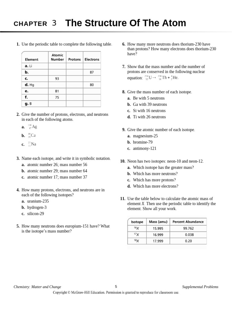 Supplemental Problems The Structure of The Atom Student | PDF | Isotope ...