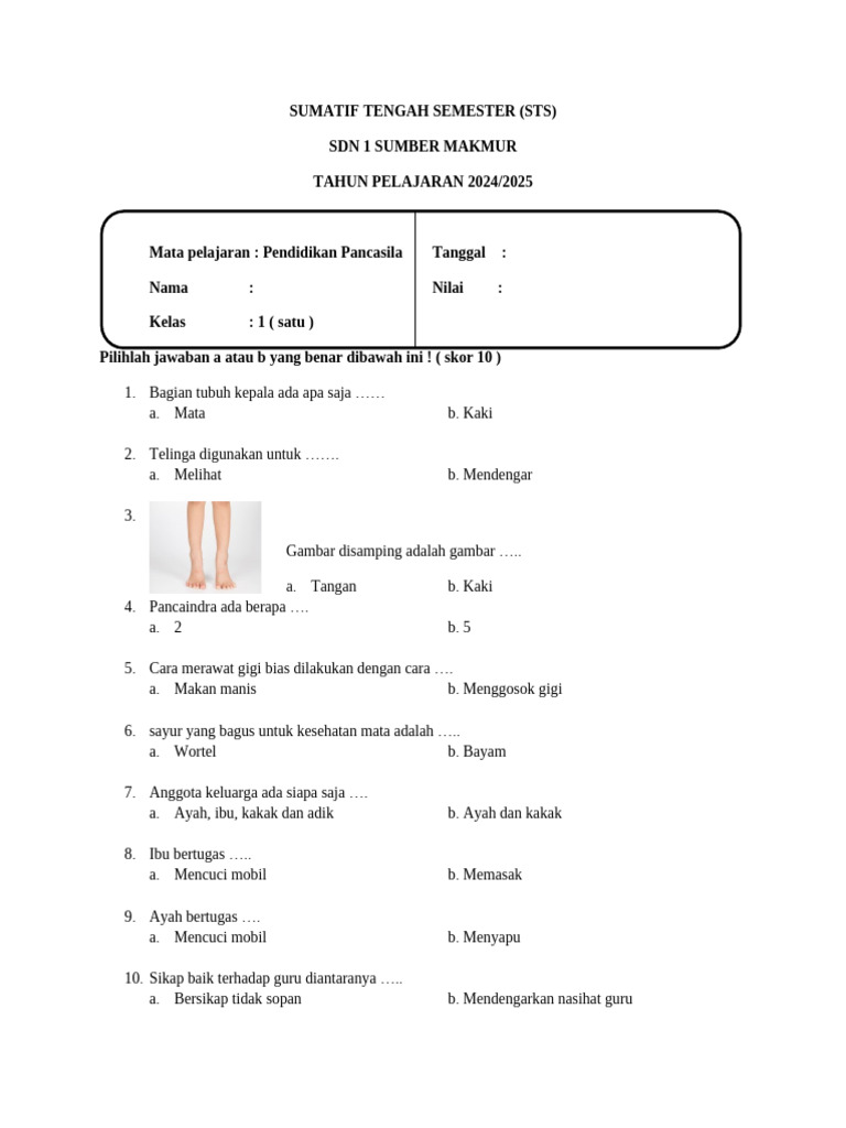 SOAL STS PEND PANCASILA KLS 1 | PDF