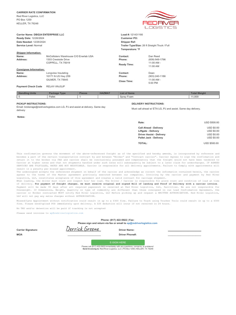 Red River Logistics Carrier Confirmation | PDF | Cargo | Freight Transport