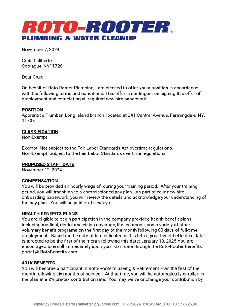 Roto-Rooter Apprentice Plumber Offer | PDF | Overtime | Business