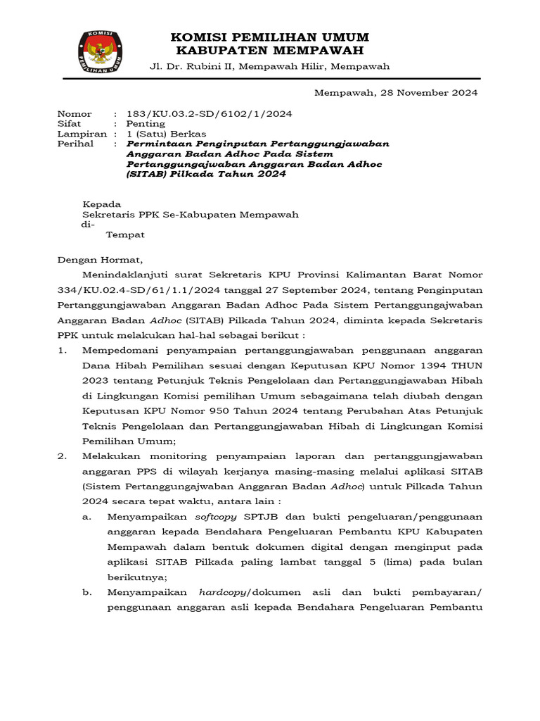 SRT Sekr 183 - Input Sitab | PDF