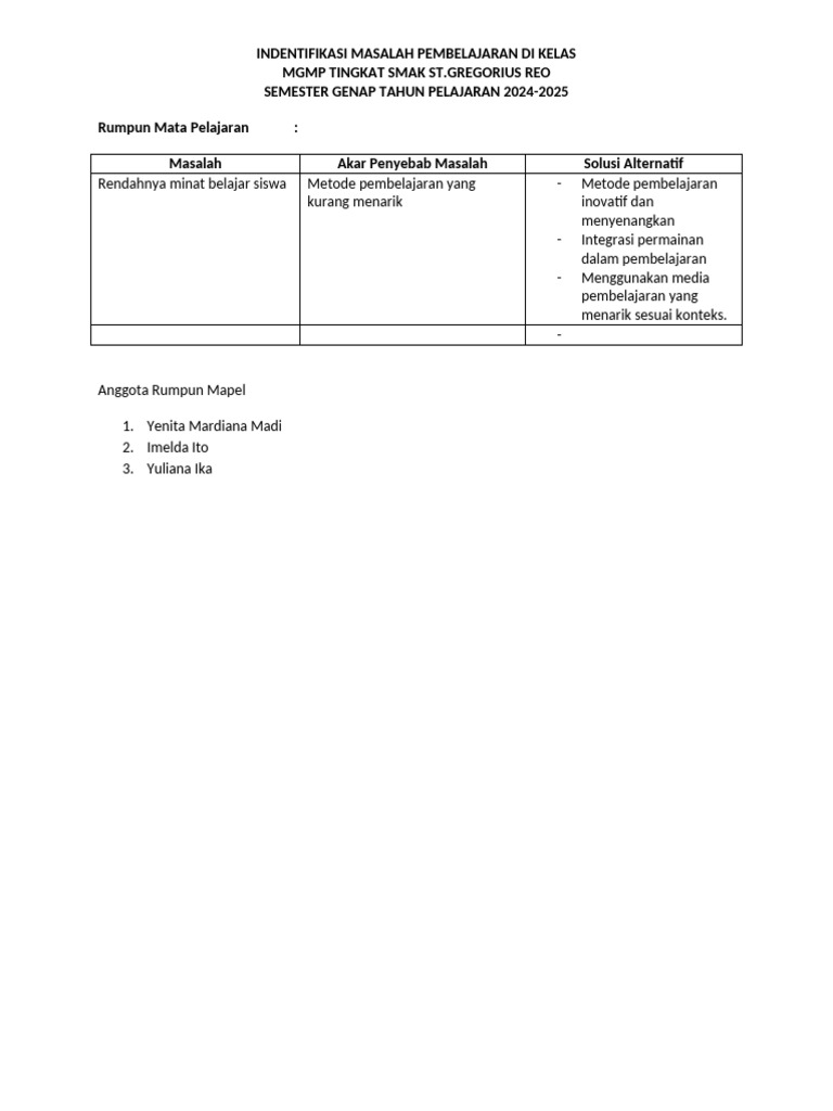 Format Indentifikasi Masalah Pembelajaran Di Kelas | PDF