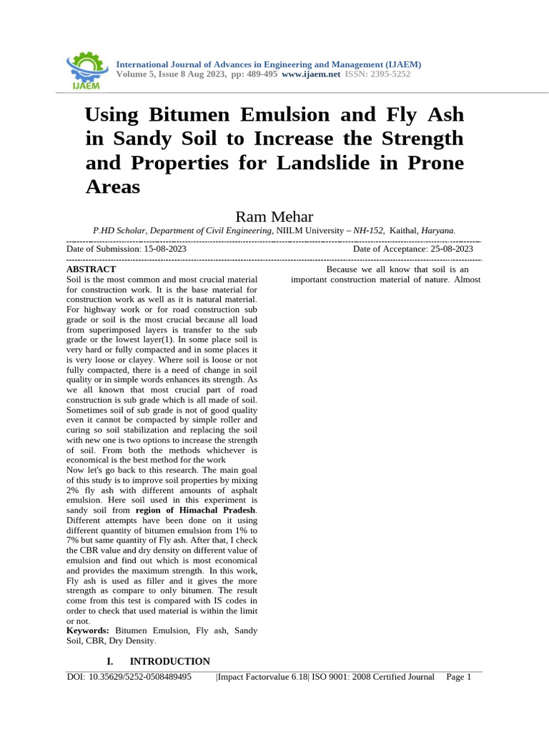 Enhancing Sandy Soil with Bitumen & Fly Ash | PDF | Materials