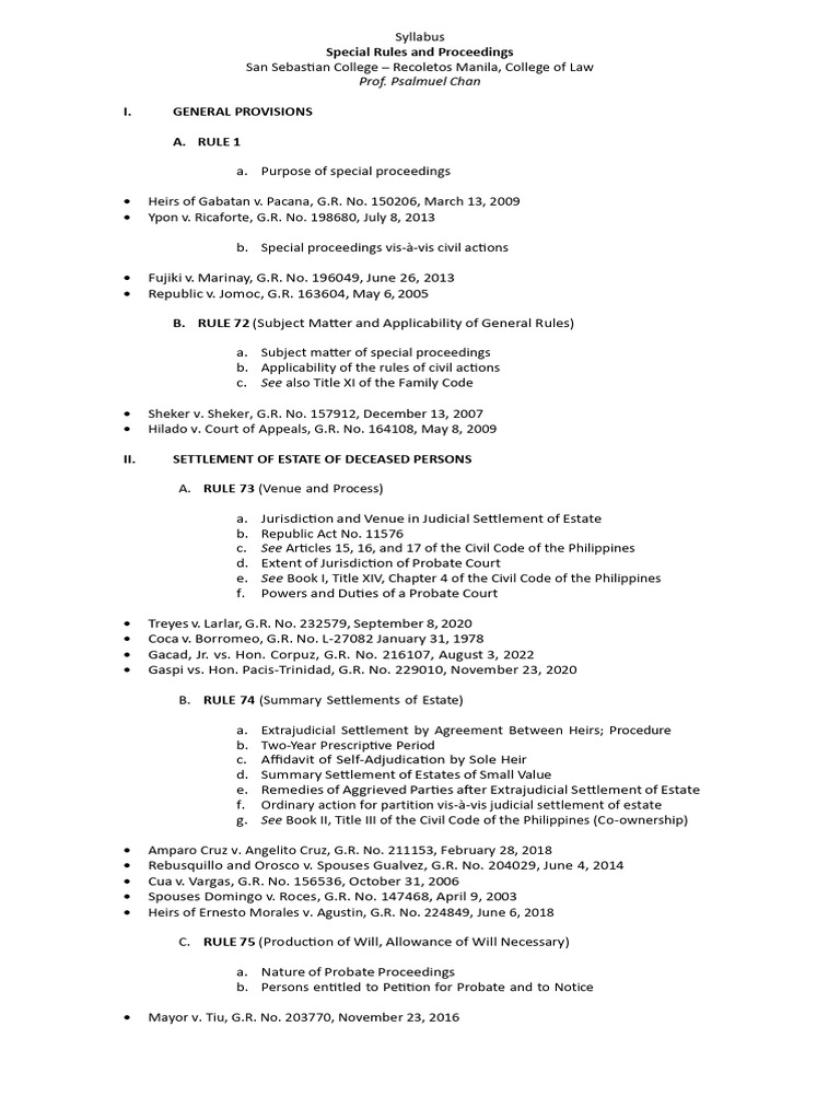 Syllabus SpecPro Prof. Chan | PDF | Legal Guardian | Probate
