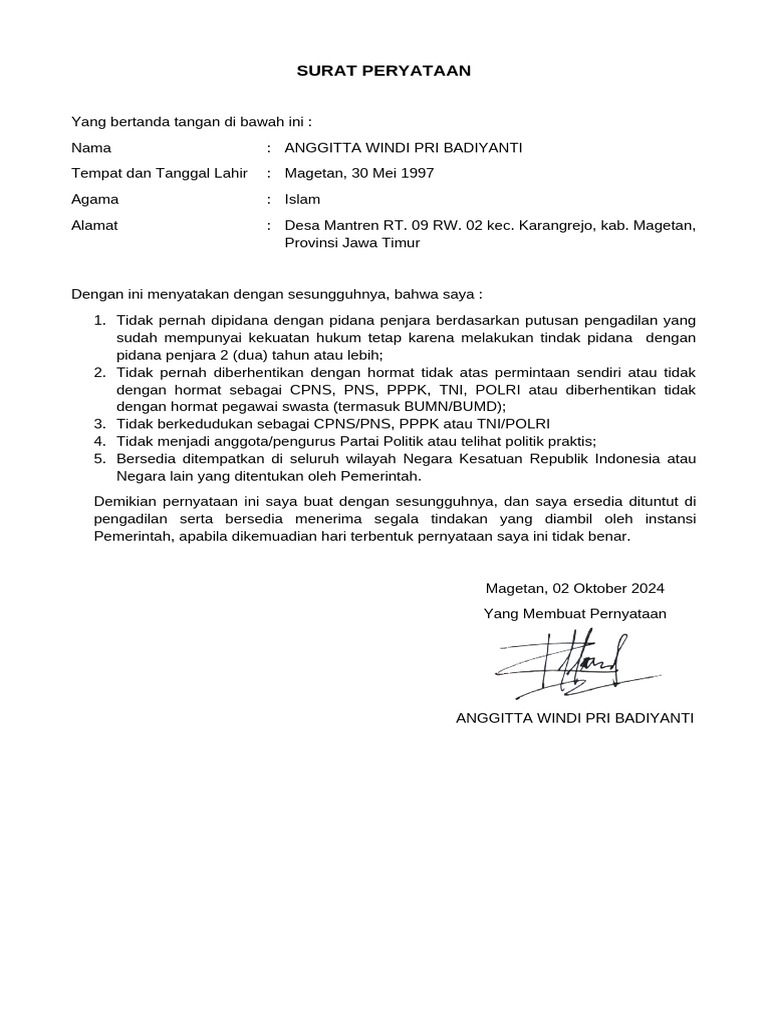 Surat Peryataan - Anggitta Windi Pri Badiyanti | PDF