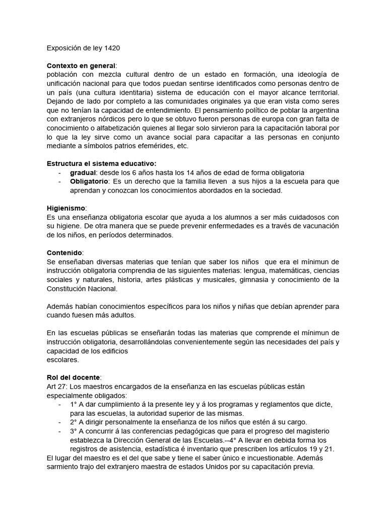 Exposición de Ley 1420 | PDF | Escuelas | Enseñando