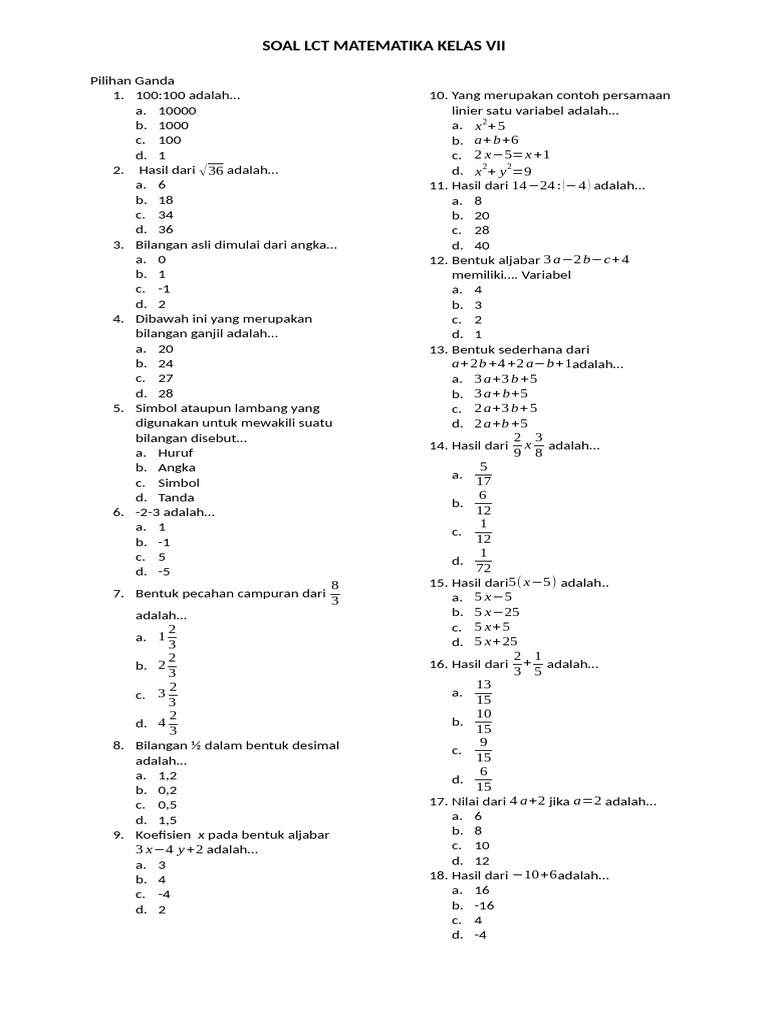SOAL SAJA LCT MATEMATIKA KELAS VII | PDF