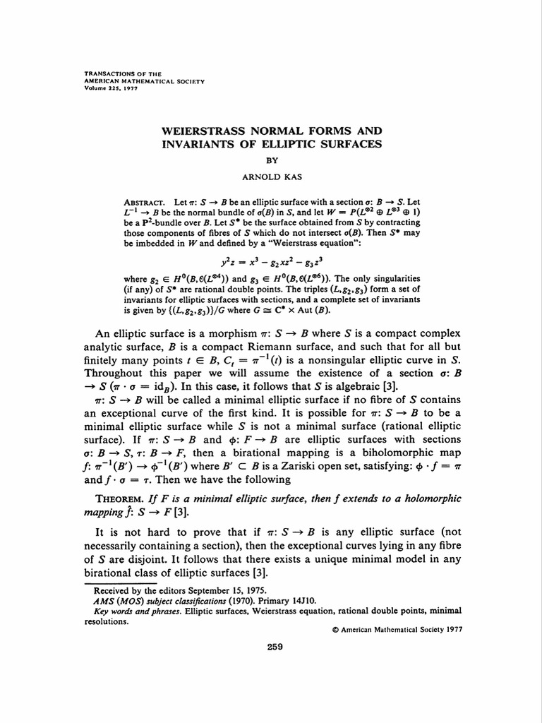 Weierstrass Normal Forms and Invariants of Elliptic Surfaces | PDF | Algebraic Geometry | Geometry