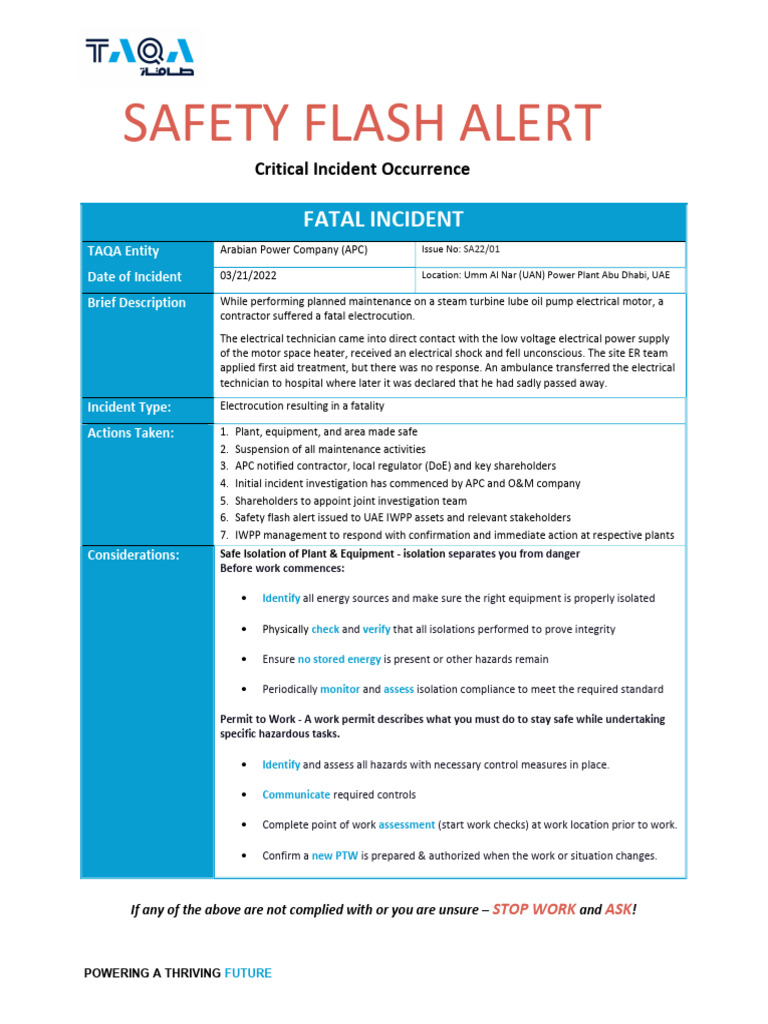 TAQA Safety Alert - Critical Incident Occurence - FatalIncident - March ...