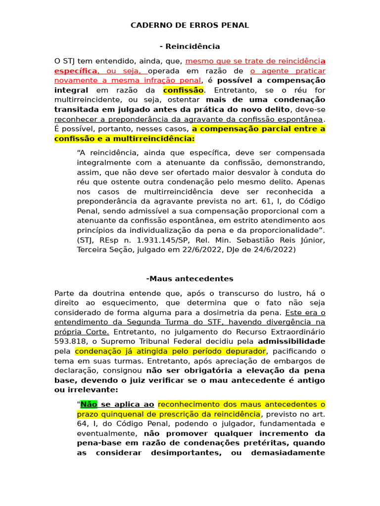 Caderno de Erros Penal | PDF | Roubo | Roubo