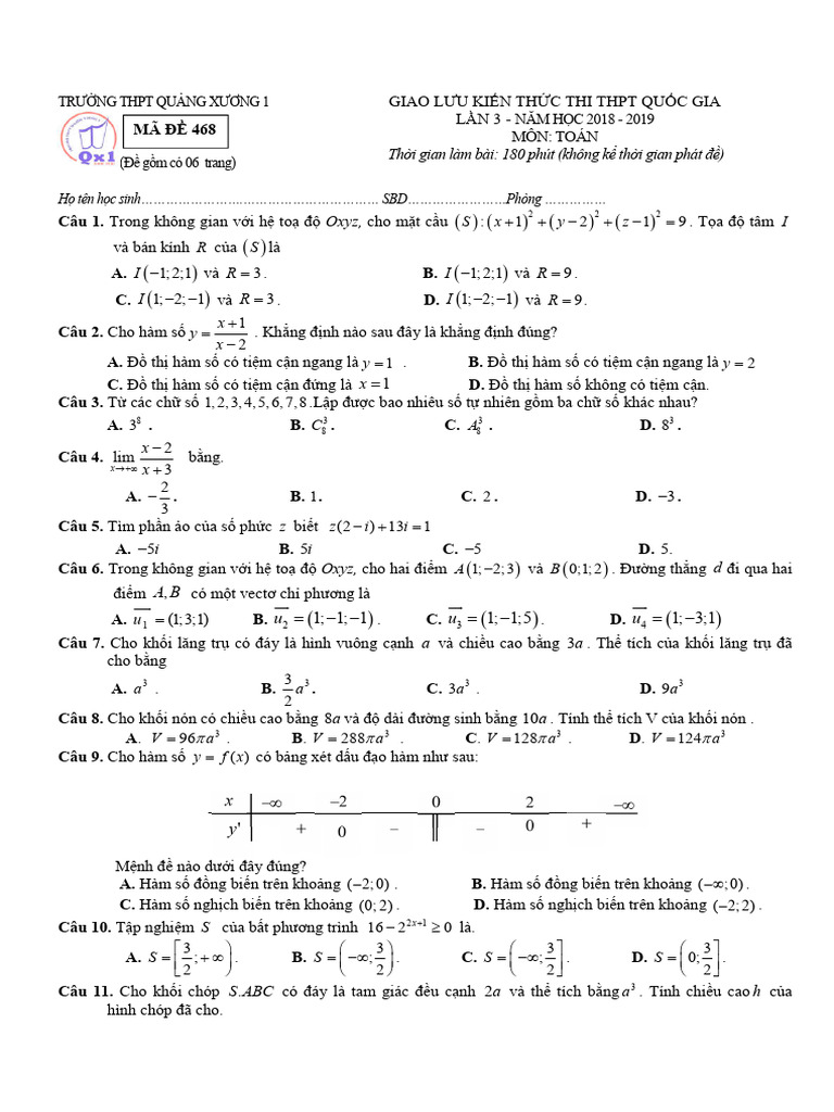 Onluyen - VN - Ä Á Thi Thá ToÃ¡n THPT Quá C Gia 2019 Láº N 3 Træ°á NG THPT Quáº NG XÆ°Æ¡ng 1 Â ...