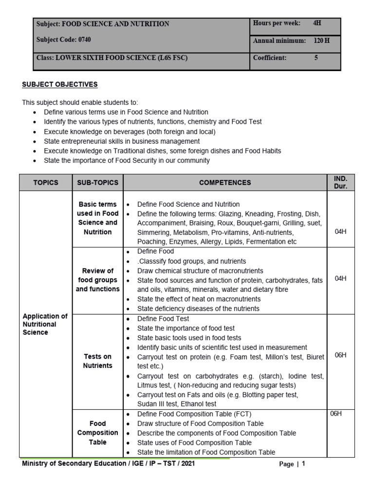 2021 Food Science & Nut (Al) Syllabuses | PDF | Nutrients | Foods