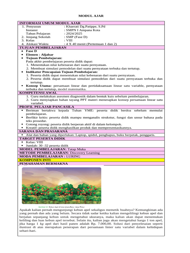 Modul Ajar Persamaan Linear Juli 24 | PDF