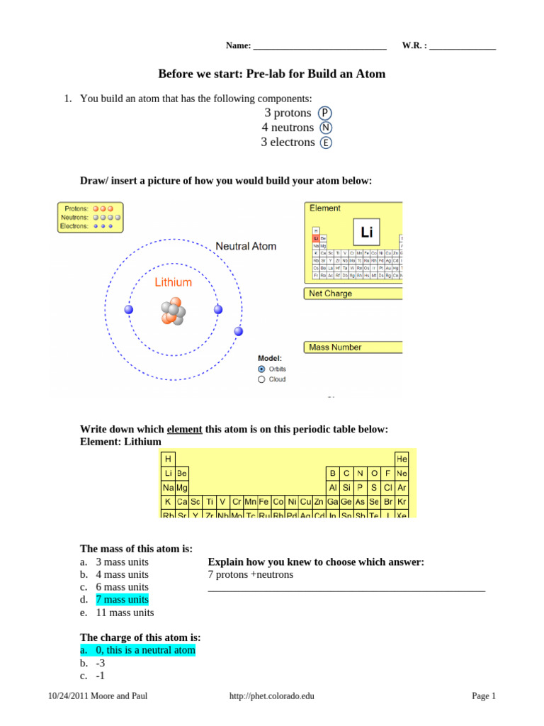 Phet Sims Build Your Atom Worksheet Lesson 1-2 | PDF | Atoms | Proton