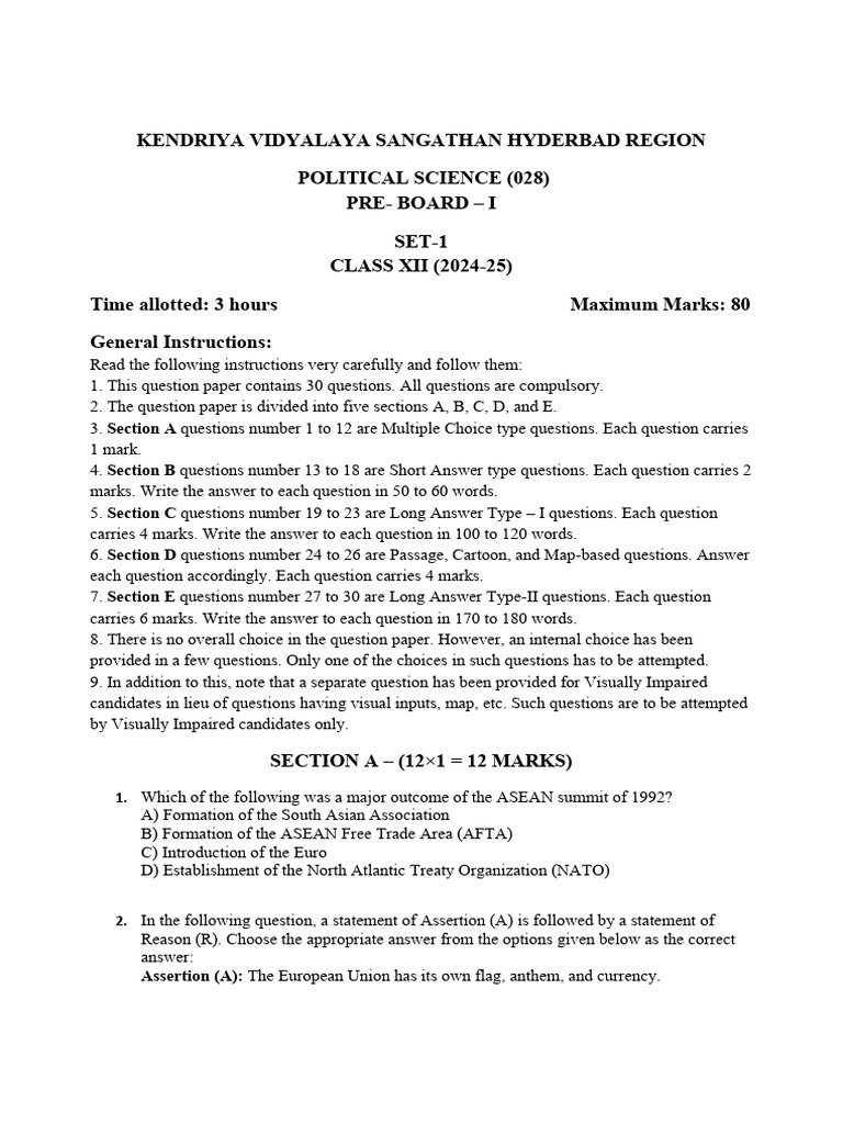 Class 12 Political Science Set 1 (Pre - Bpard) | PDF | South Asia ...