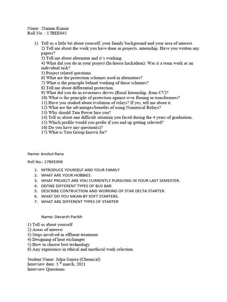 Tata Power Interview Questions | PDF