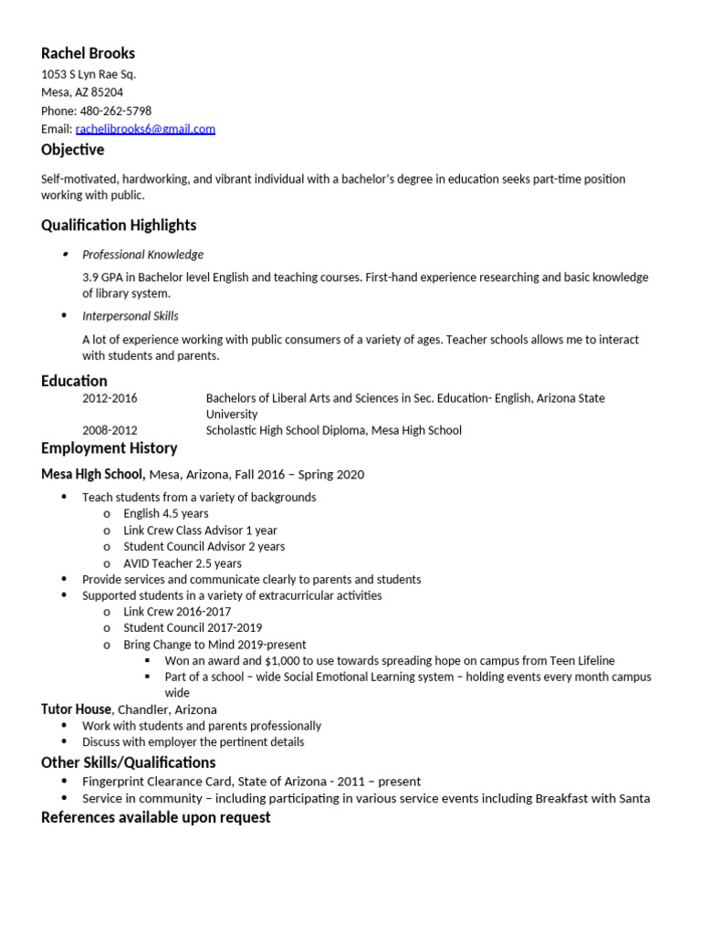 Rachel's Resume Education 2021 | PDF