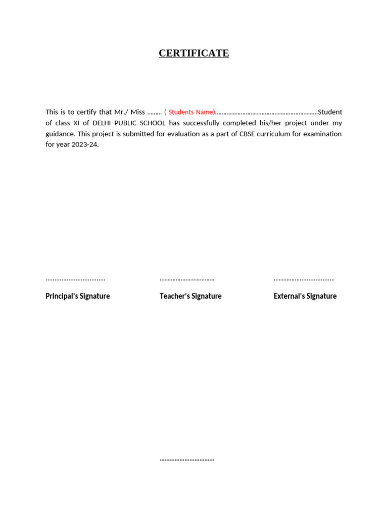 Certificate Class 11 | PDF