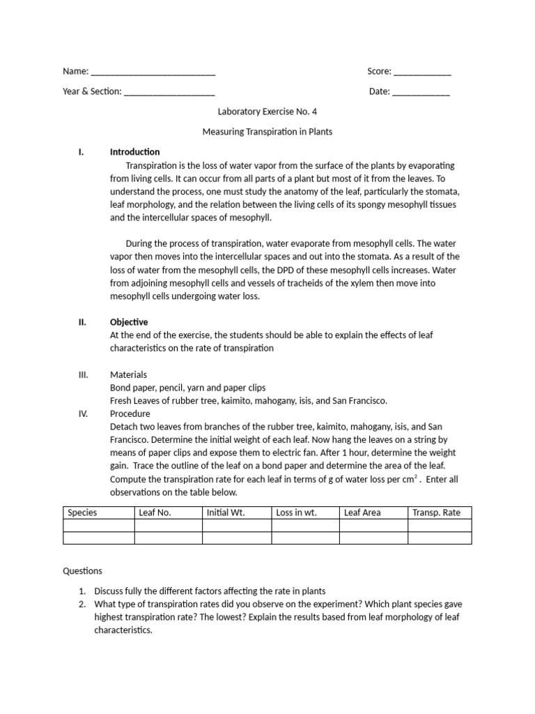 Laboratory Exercise No Pdf Leaf Plants