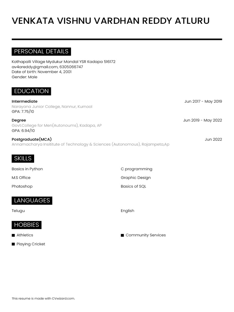 Resume Venkata Vishnu Vardhan Reddy Atluru | PDF