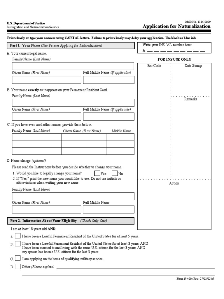 Application For Naturalization: Part 1. Your Name (The Person Applying ...