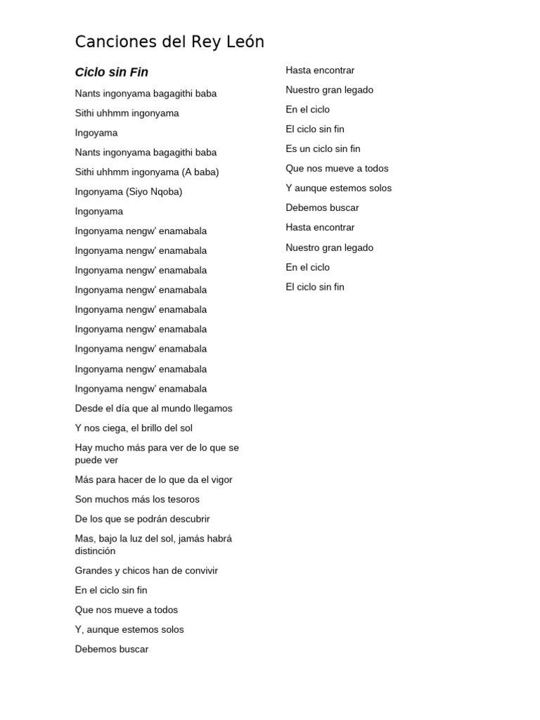 Canciones Del Rey Leon-Letra 2 | PDF